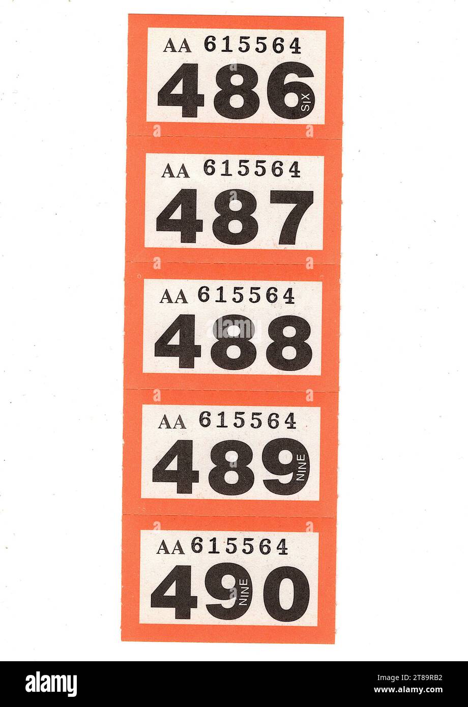 A strip of orange vintage raffle tickets on a white background Stock ...