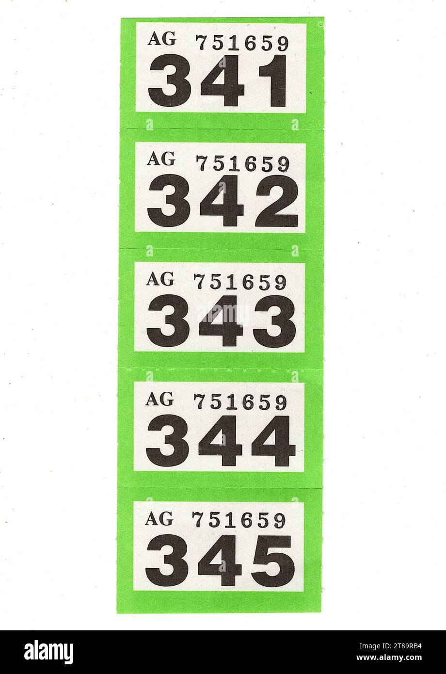 A strip of green vintage raffle tickets on a white background Stock ...