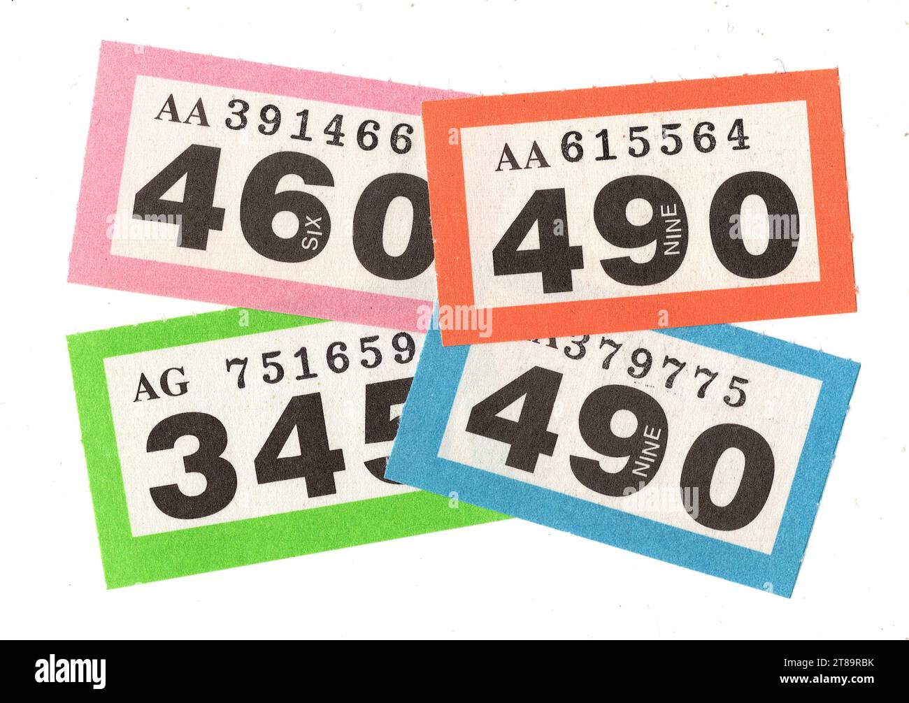 A montage of coloured vintage raffle tickets on a white background ...