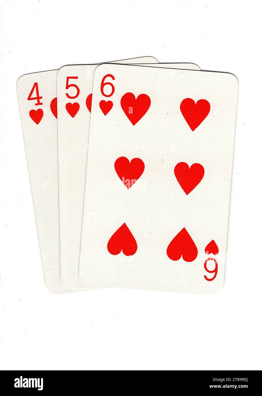 Antique playing cards showing a three card run of four, five and six of ...