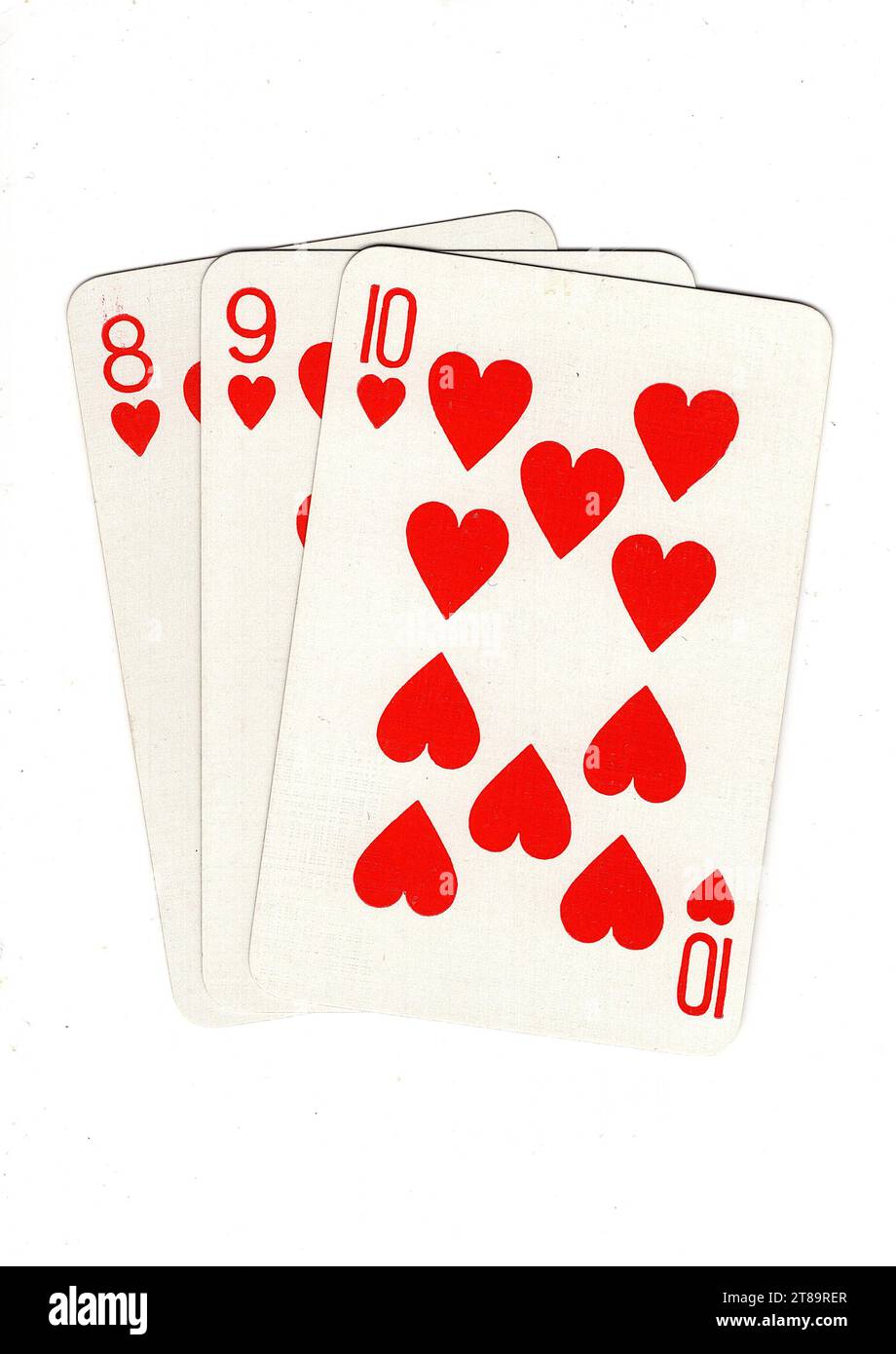 Antique playing cards showing a three card run of eight, nine and ten ...