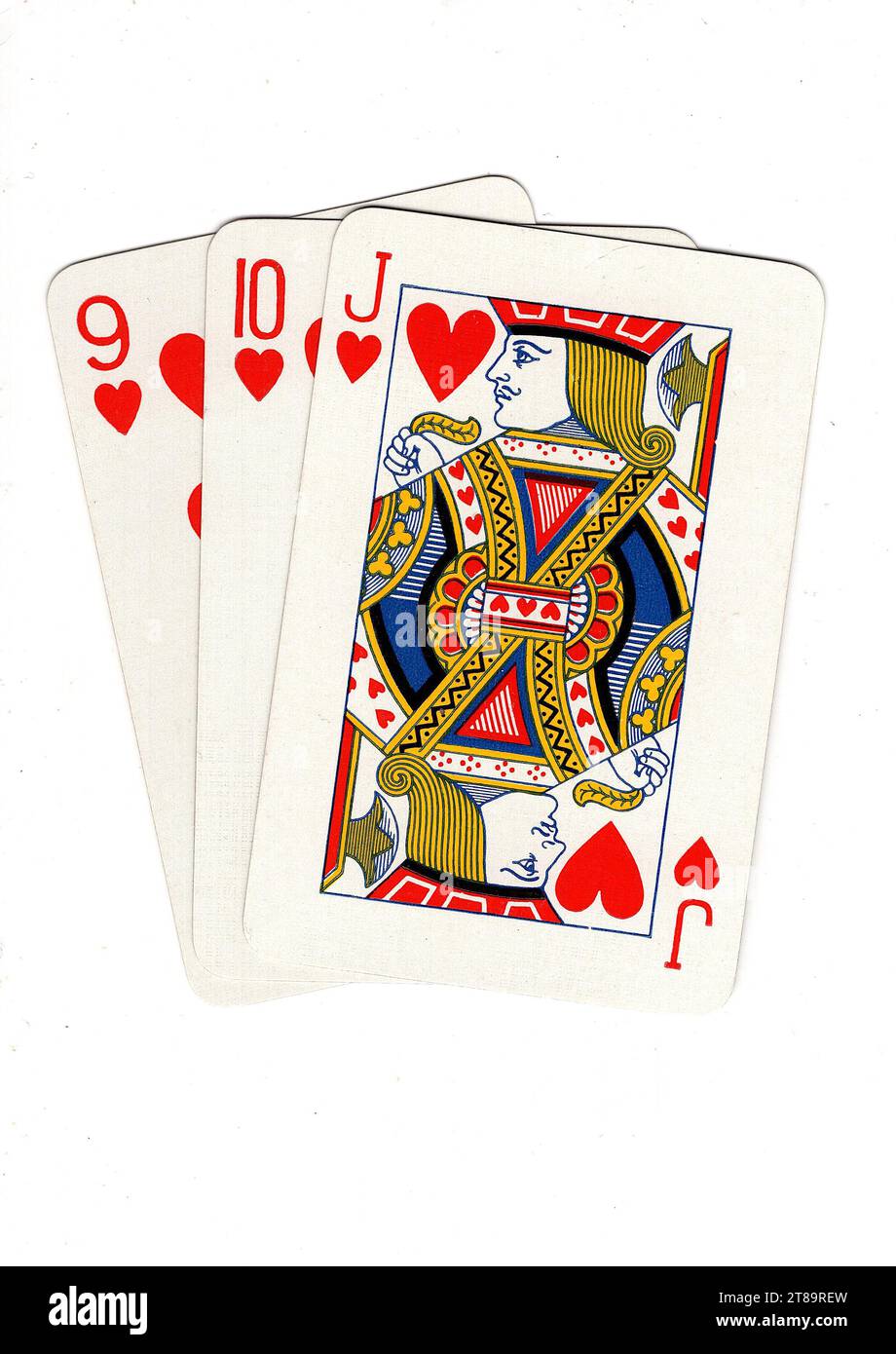 Antique playing cards showing a three card run of nine, ten and jack of ...