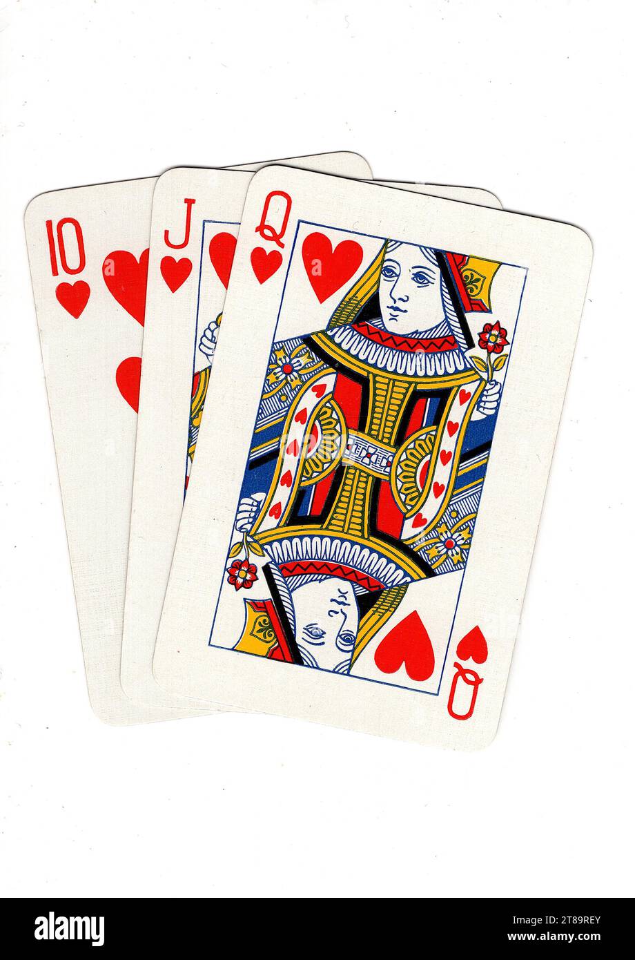 Antique playing cards showing a three card run of ten, jack and queen ...