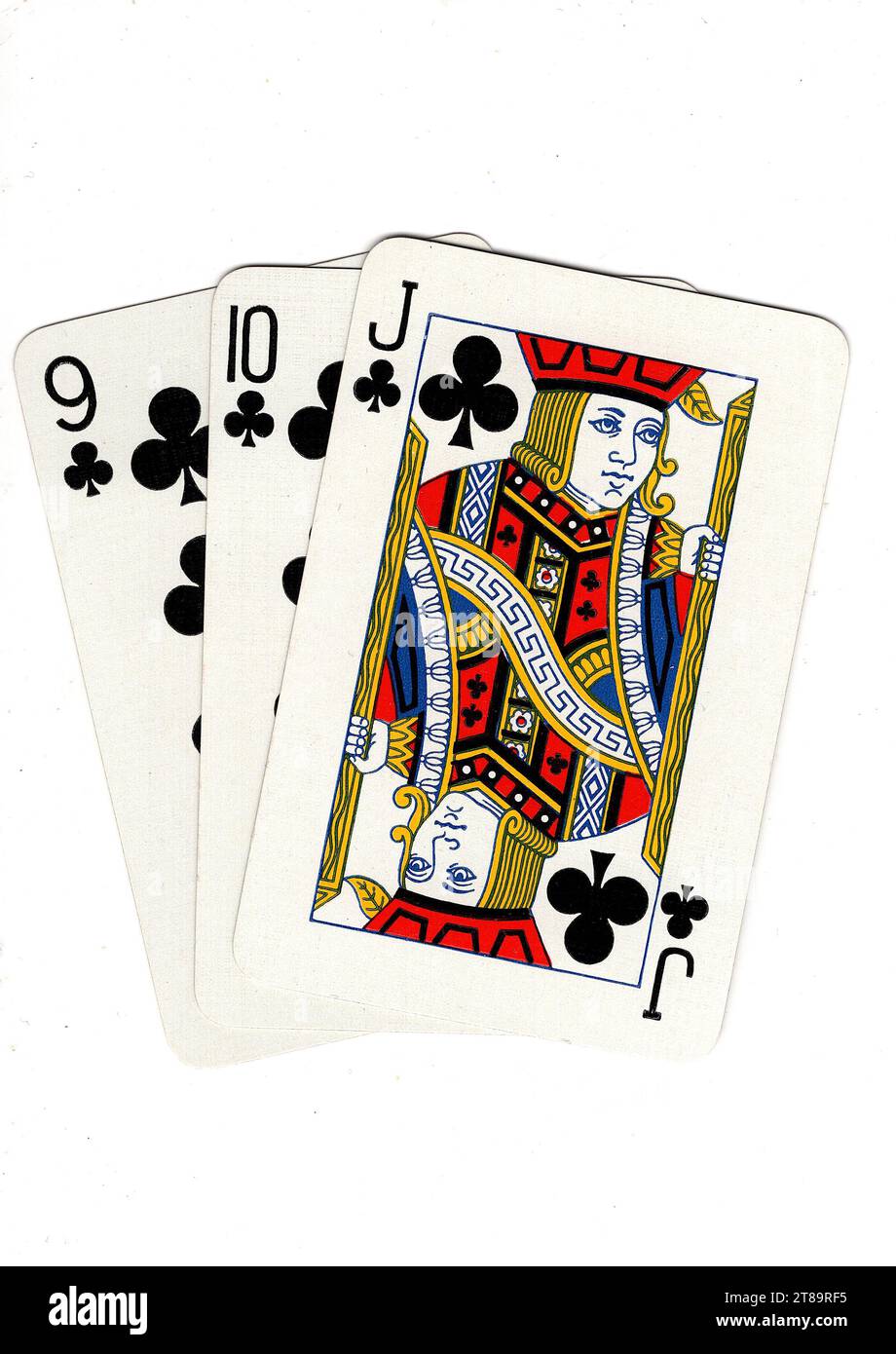 Antique playing cards showing a three card run of nine, ten and jack of ...