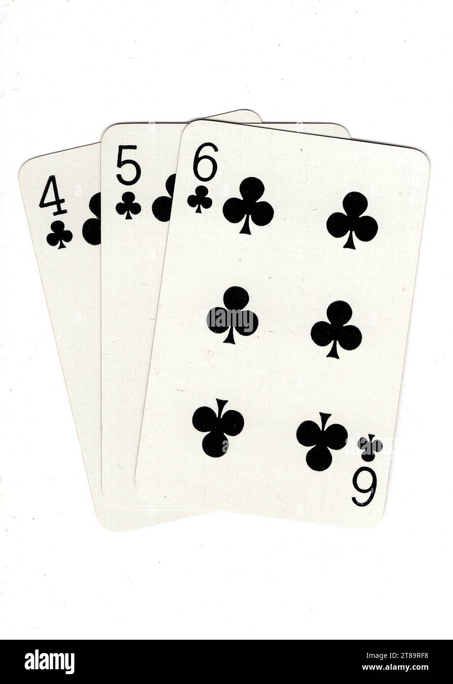Antique playing cards showing a three card run of four, five and six of ...