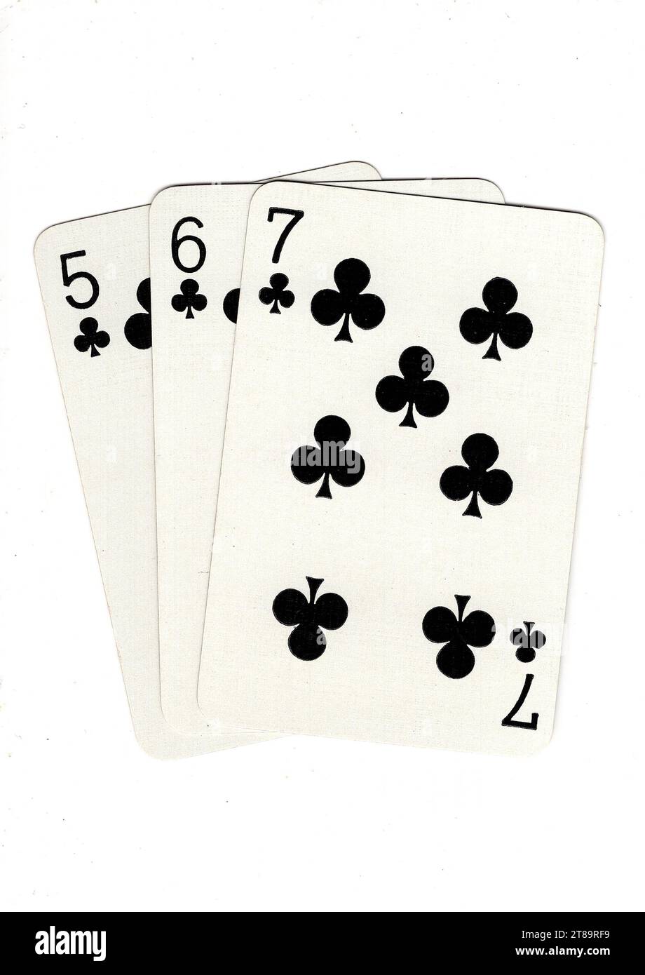 Antique playing cards showing a three card run of five, six and seven ...