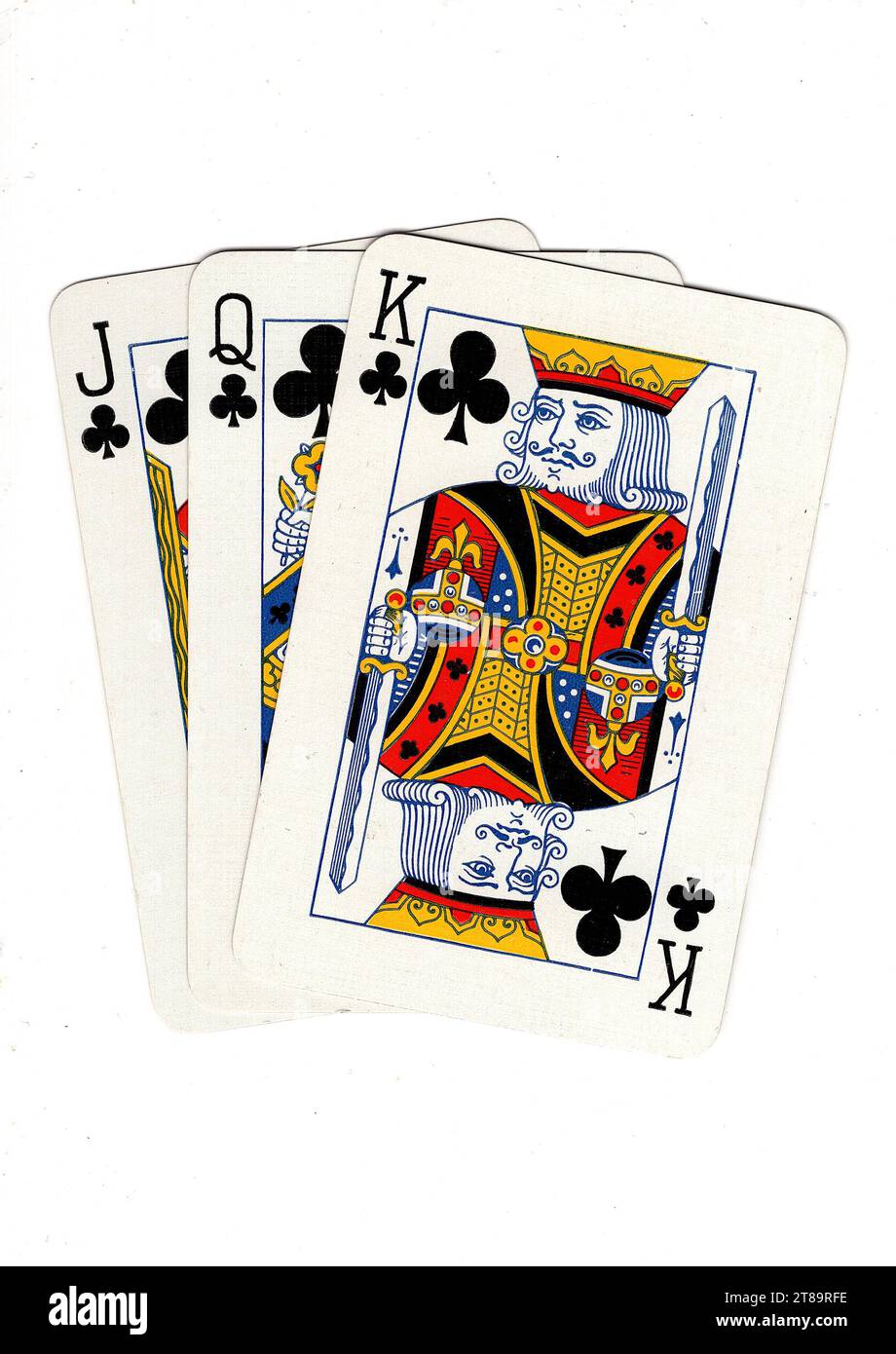 Antique playing cards showing a three card run of jack, queen and king ...