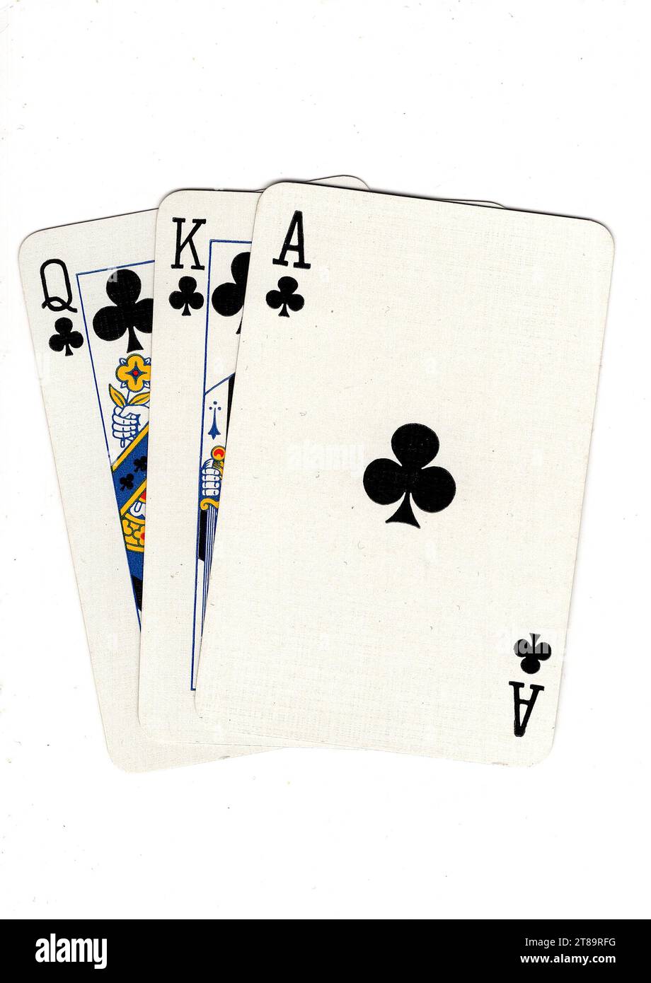 Antique playing cards showing a three card run of queen, king and ace ...