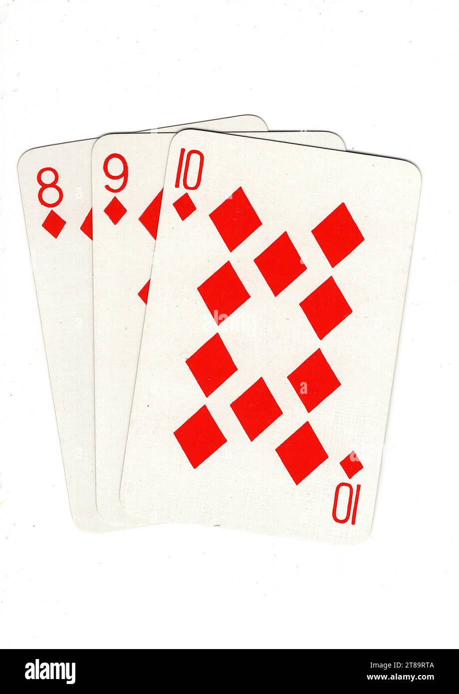 Antique playing cards showing a three card run of eight, nine and ten ...