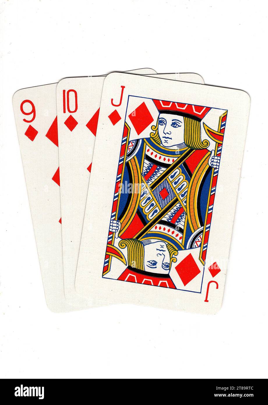 Antique playing cards showing a three card run of nine, ten and jack of ...