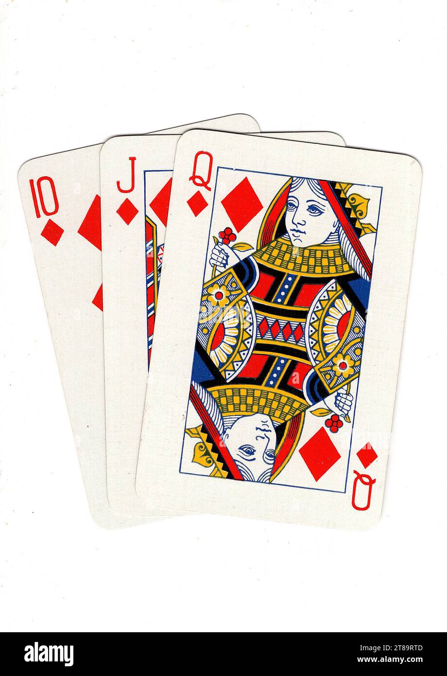 Antique playing cards showing a three card run of ten, jack and queen ...