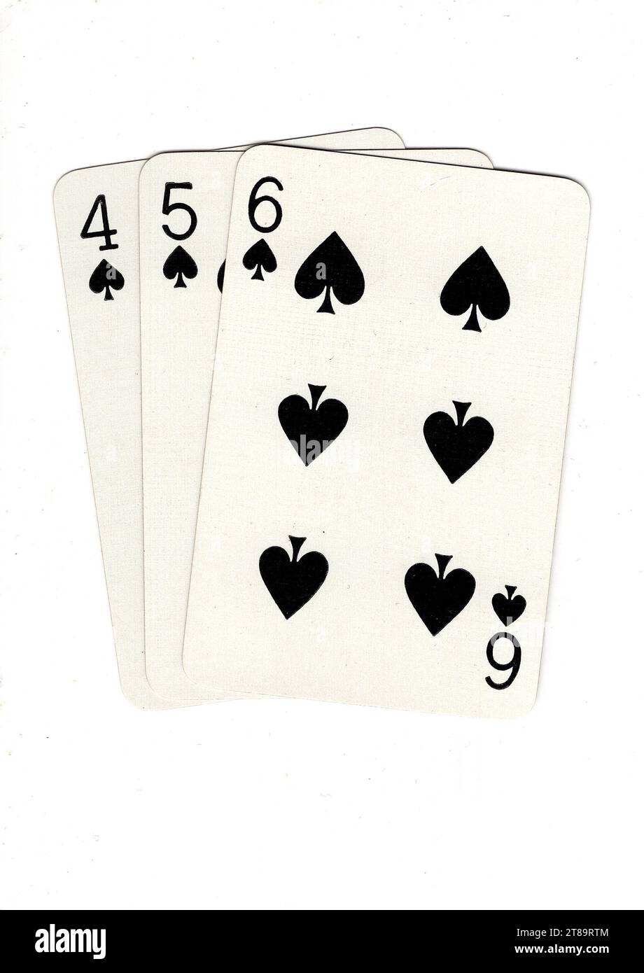 Antique playing cards showing a three card run of four, five and six of ...