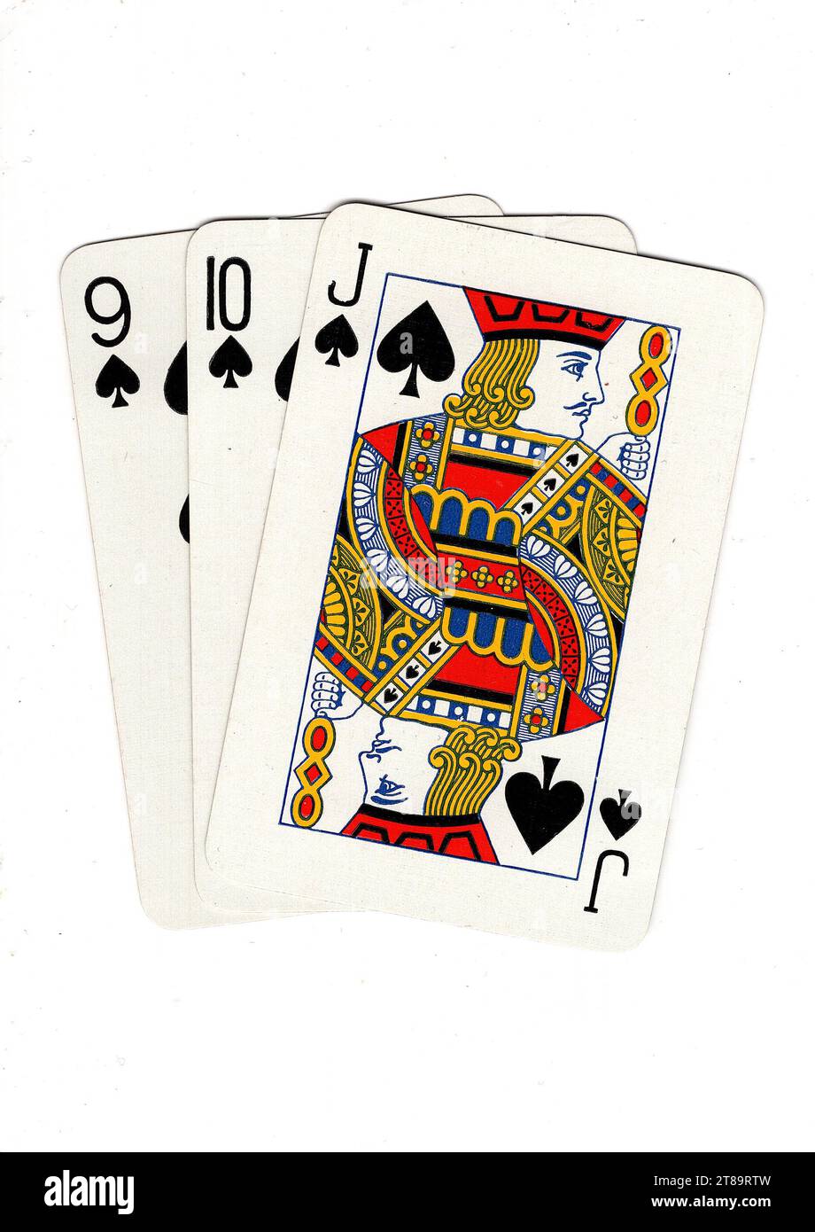 Antique playing cards showing a three card run of nine, ten and jack of ...