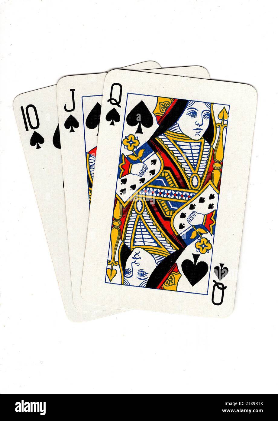 Antique playing cards showing a three card run of ten, jack and queen ...