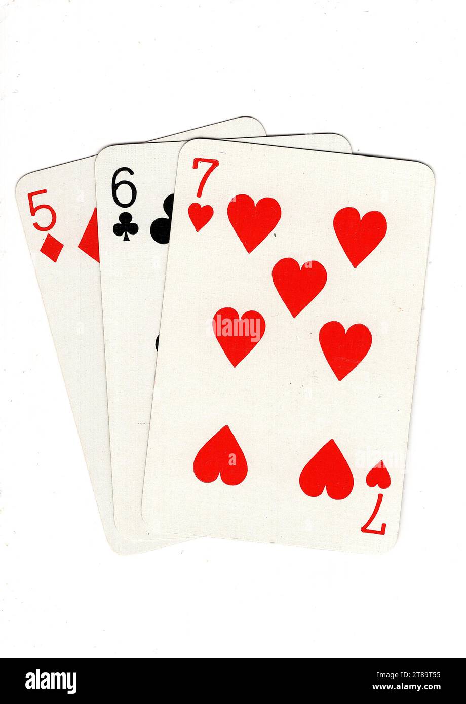 Three vintage playing cards showing a mixed suit run of five, six and ...