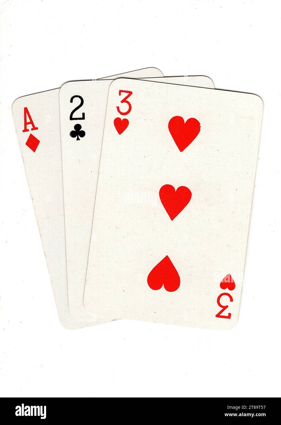 Three vintage playing cards showing a mixed suit run of ace, two and ...