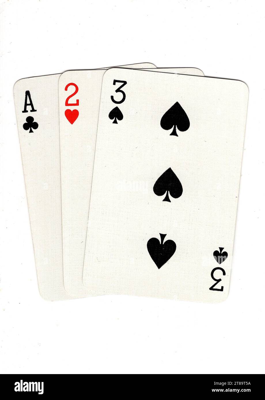 Three vintage playing cards showing a mixed suit run of ace, two and ...