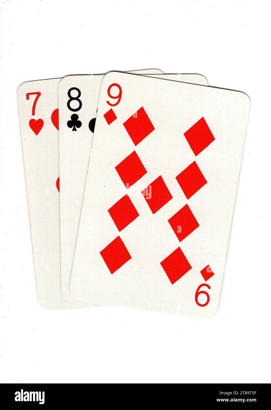 Three vintage playing cards showing a mixed suit run of seven, eight ...