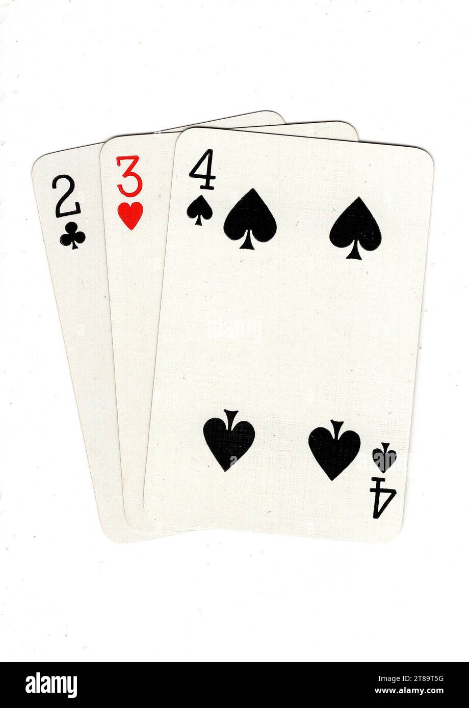 Three vintage playing cards showing a mixed suit run of two, three and ...