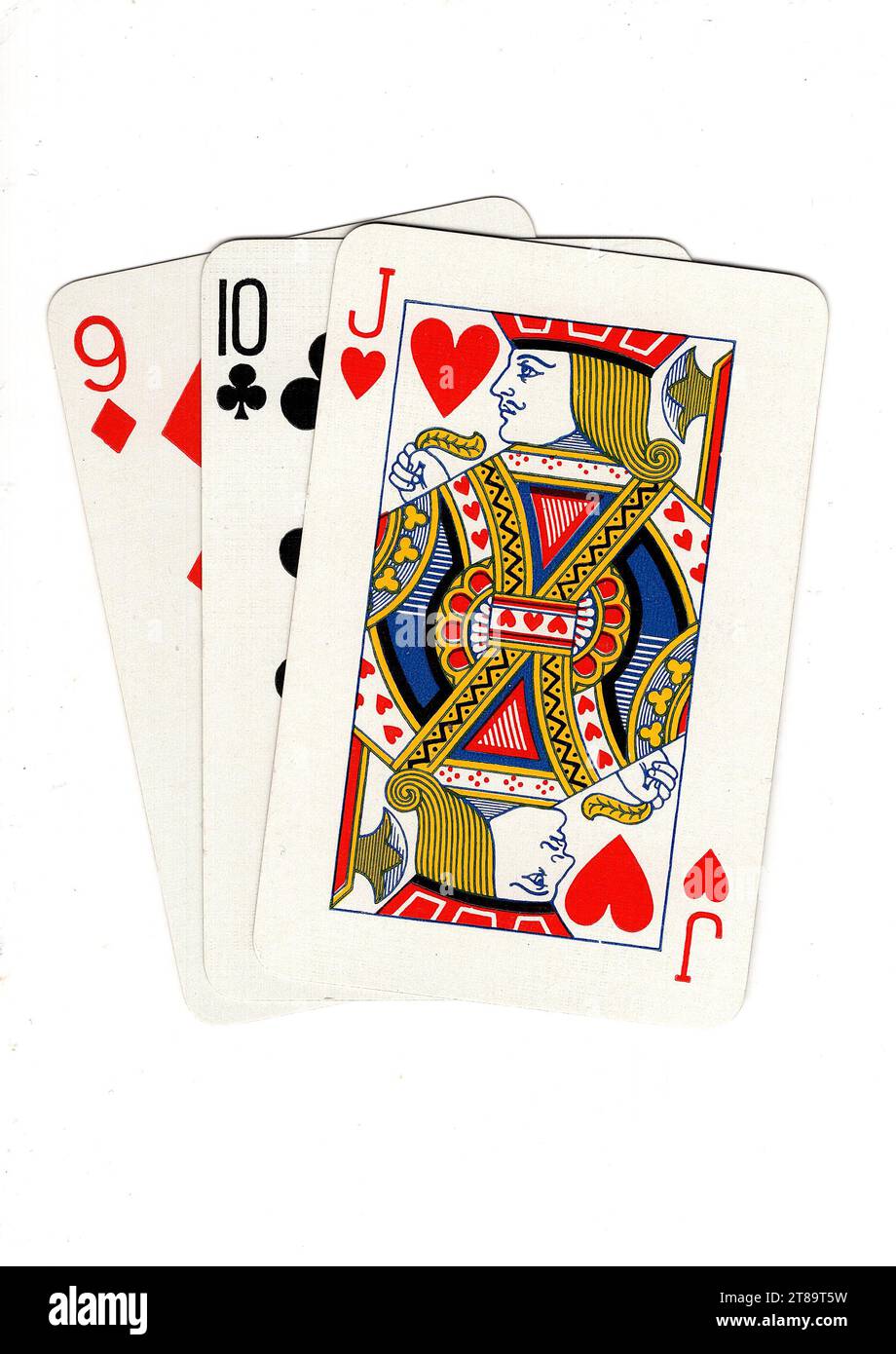 Three vintage playing cards showing a mixed suit run of ace, two and ...