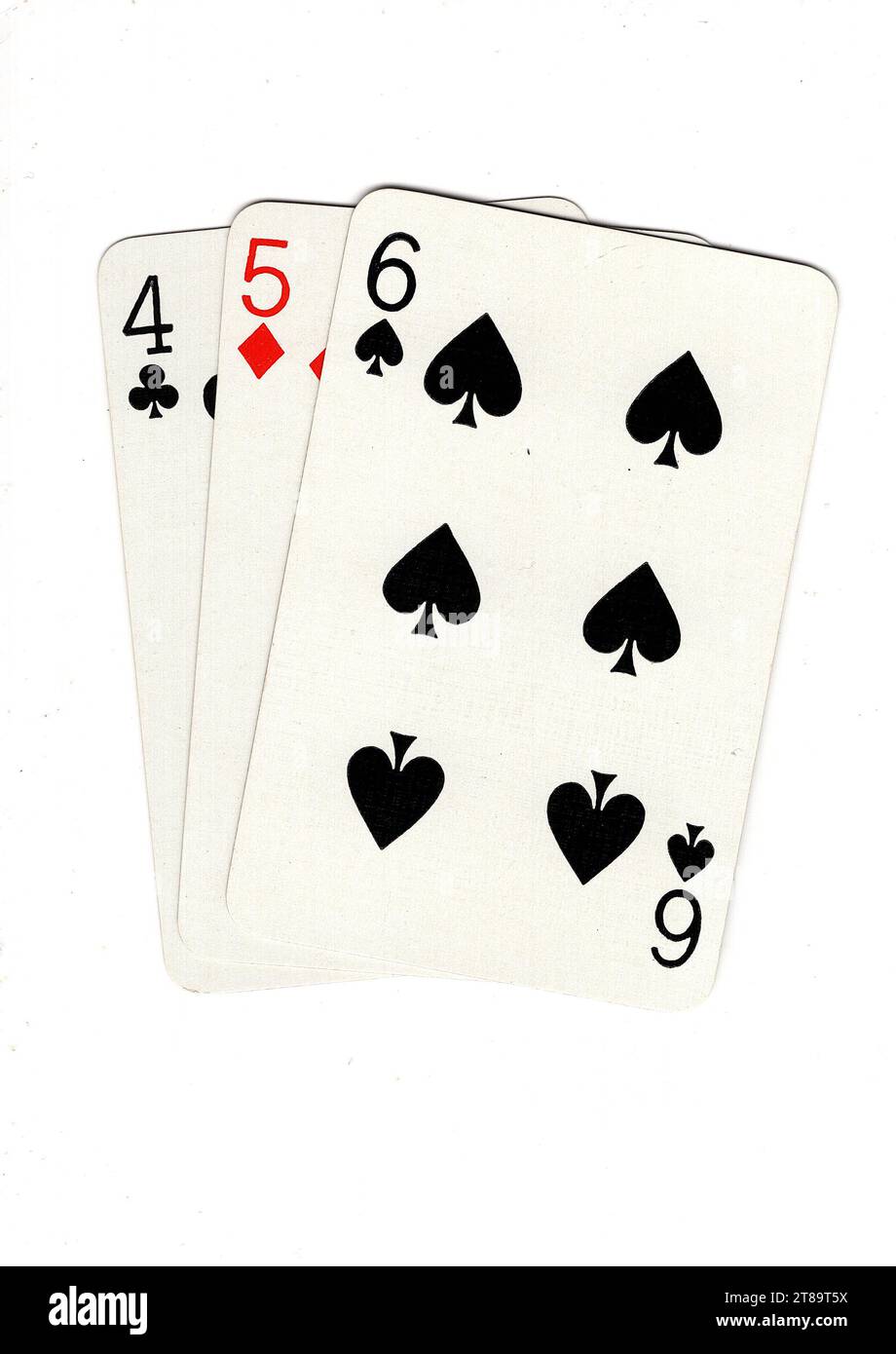 Three vintage playing cards showing a mixed suit run of four, five and ...