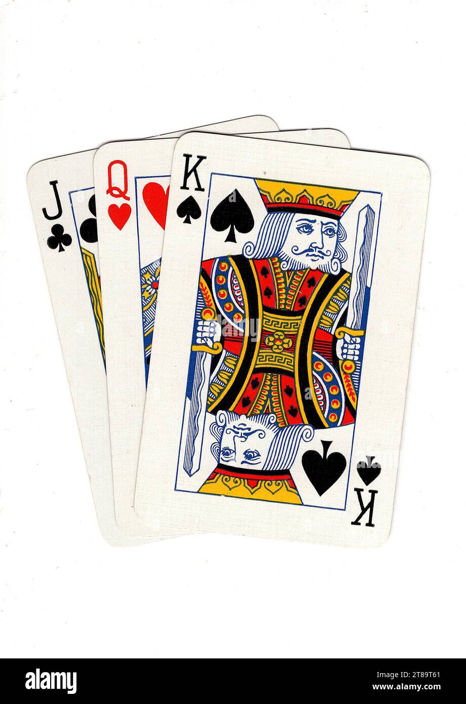 Three vintage playing cards showing a mixed suit run of jack, queen and ...