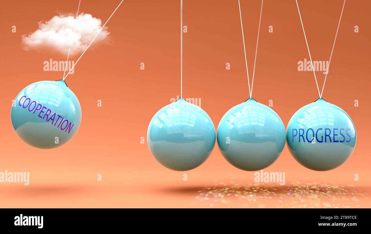 Cooperation leads to Progress. Cause and effect relation between them.,3d illustration Stock ...