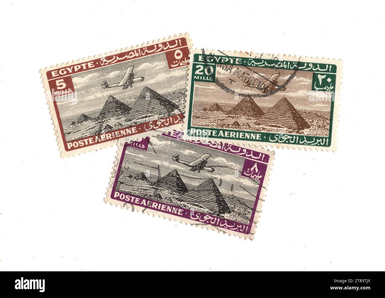 A set of vintage postage stamps from Egypt featuring air mail on a ...