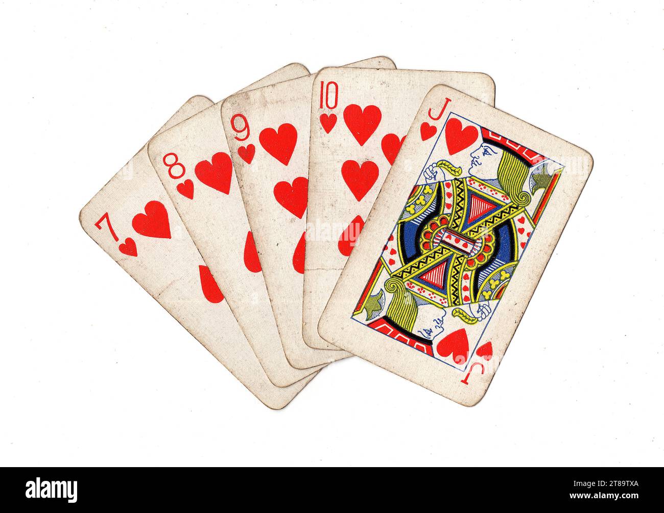 A poker hand of vintage playing cards showing a straight flush of ...