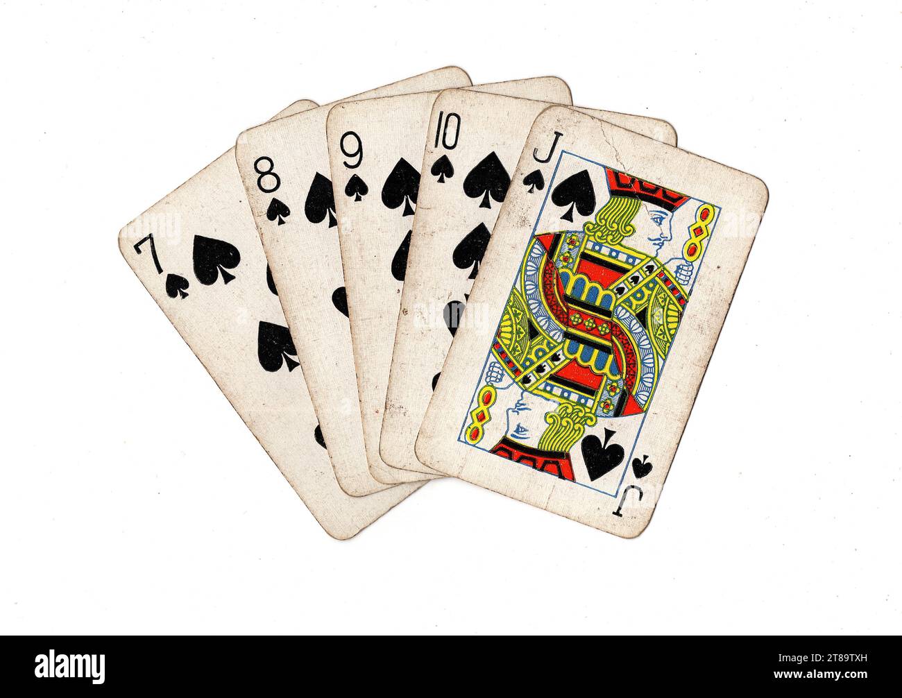 A poker hand of vintage playing cards showing a straight flush of ...