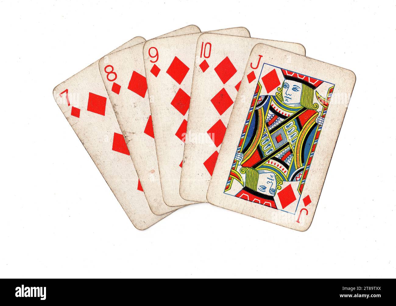 A poker hand of vintage playing cards showing a straight flush of ...