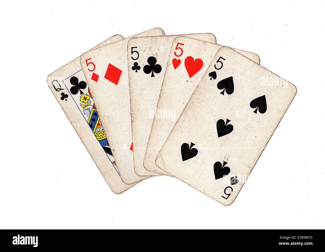 A poker hand of vintage playing cards showing a four fives on a white ...