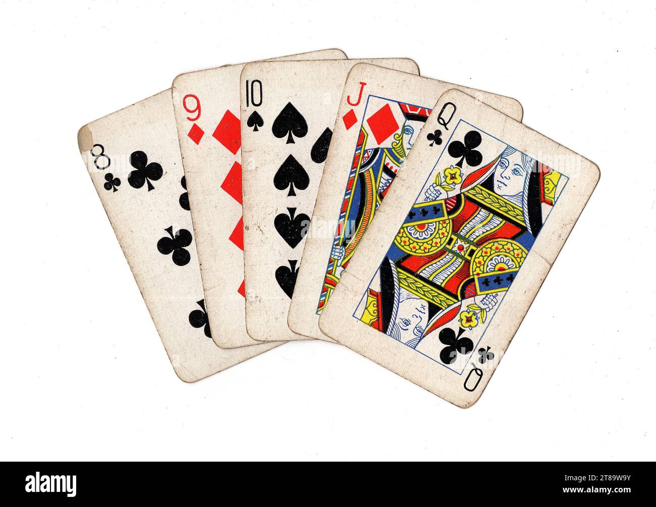 A poker hand of vintage playing cards showing a straight on a white ...