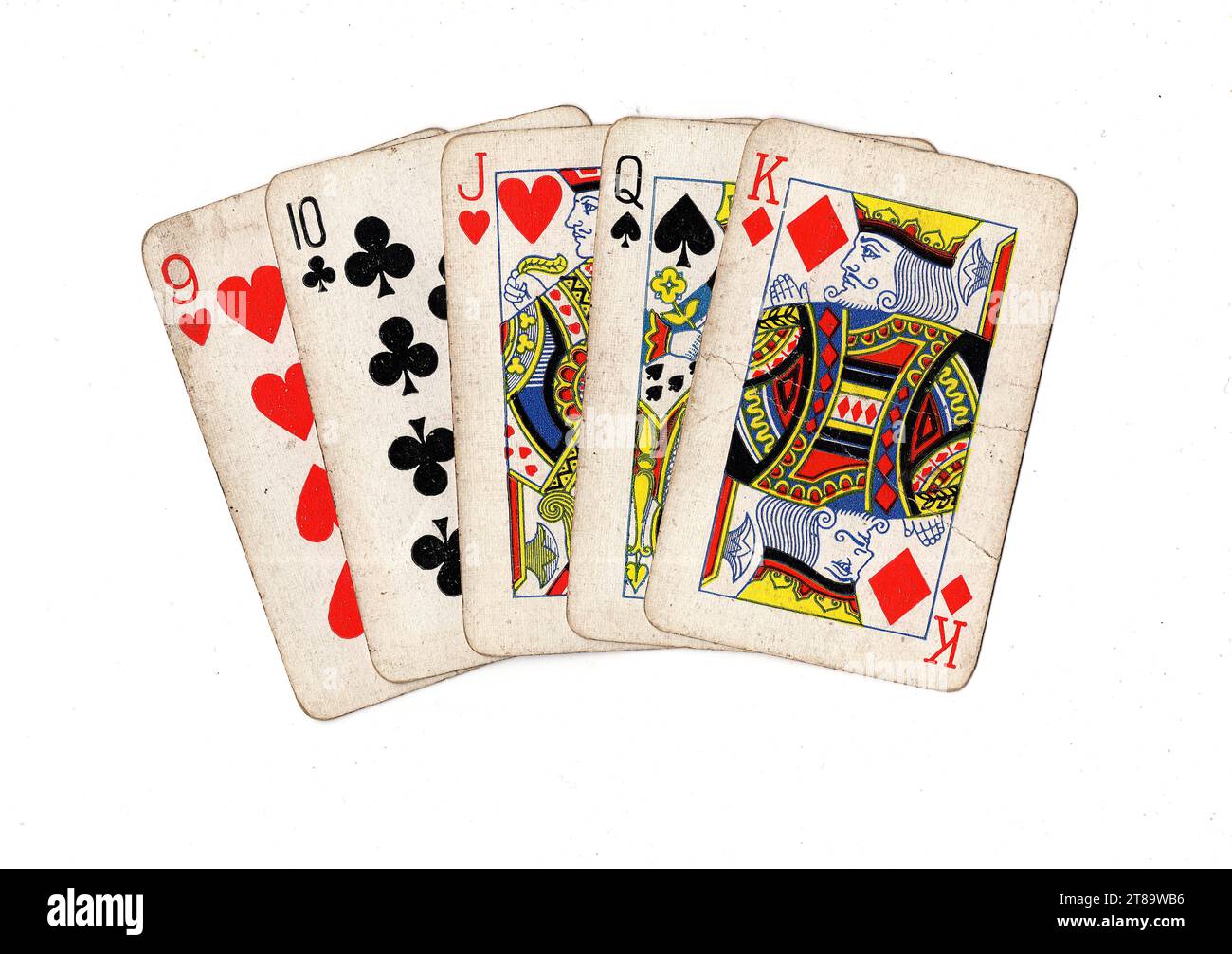 A poker hand of vintage playing cards showing a straight on a white ...
