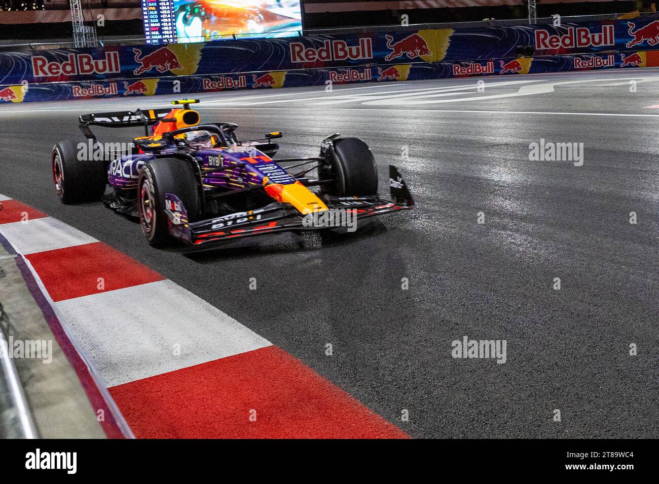 Las Vegas, USA. 18th Nov, 2023. Red Bull driver Sergio Perez, of Mexico, drives on the Las Vegas ...