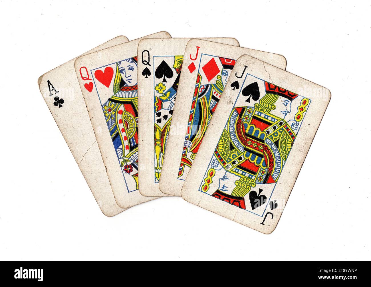 A poker hand of vintage playing cards showing two pairs of jacks and ...