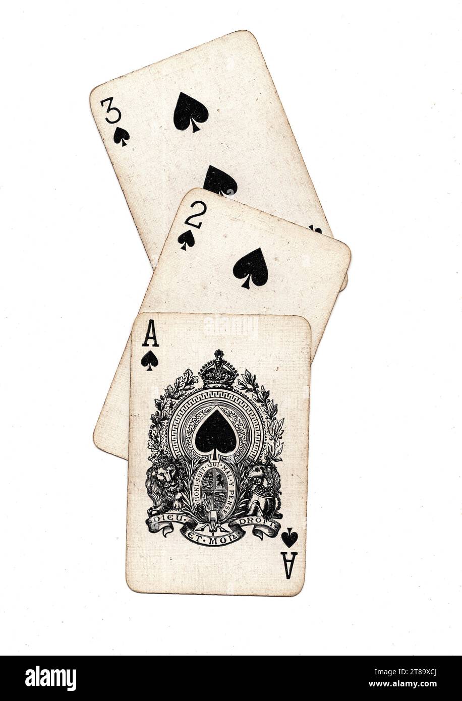 Vintage playing cards showing a run of ace, two and three of spades on ...