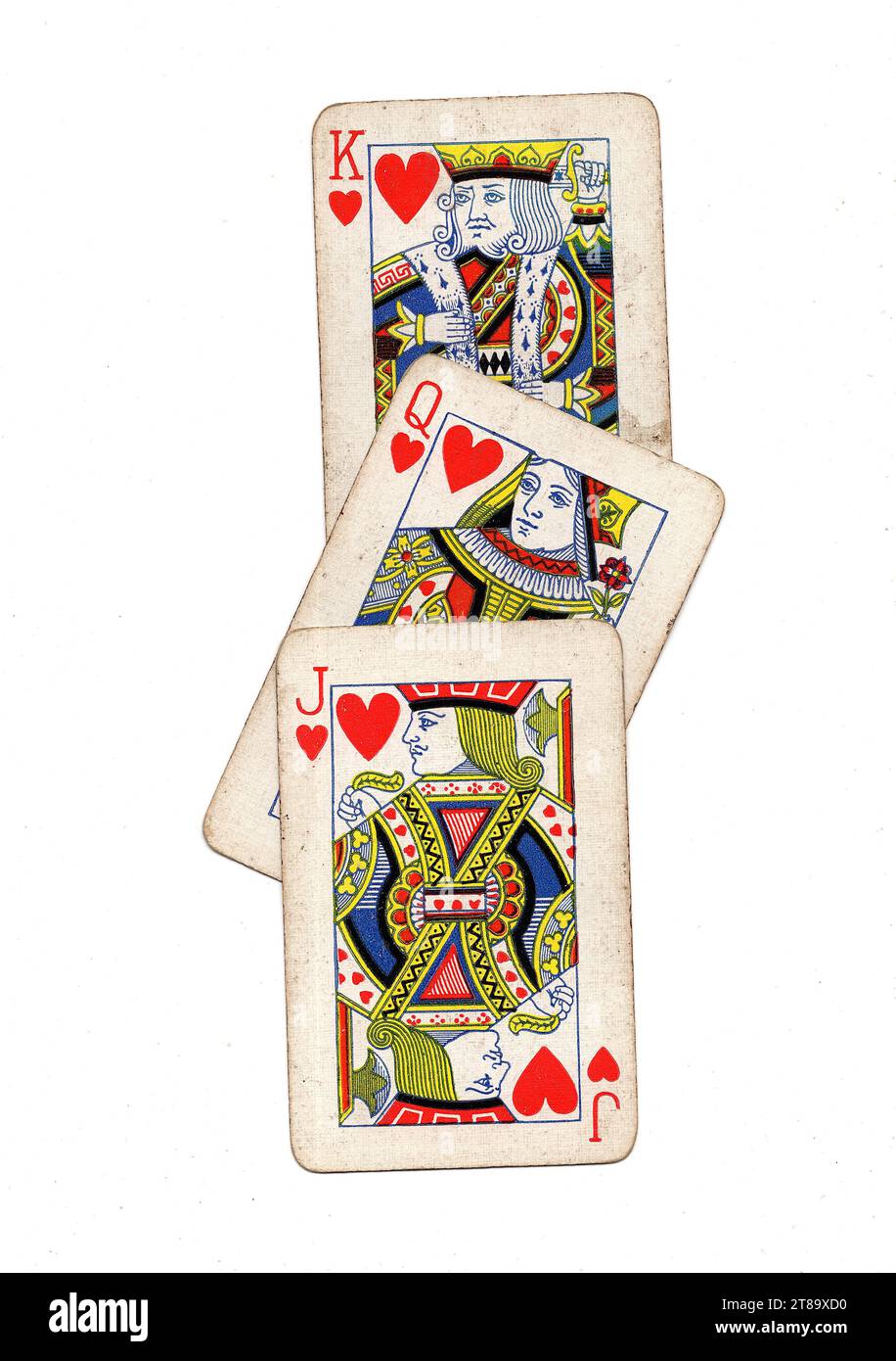 Vintage playing cards showing a run of jack, queen and king of hearts ...