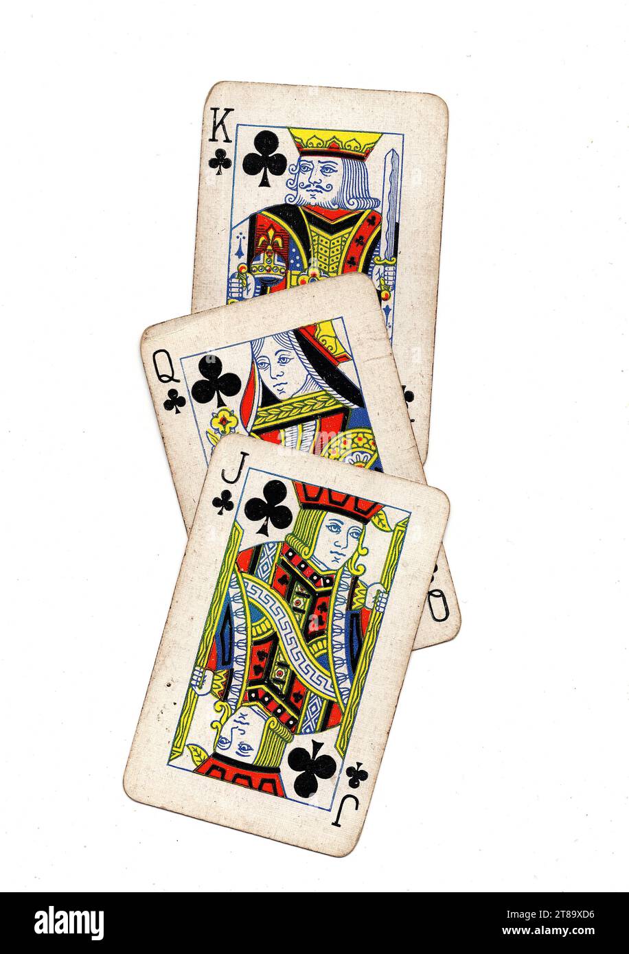 Vintage playing cards showing a run of jack, queen and king of clubs on ...