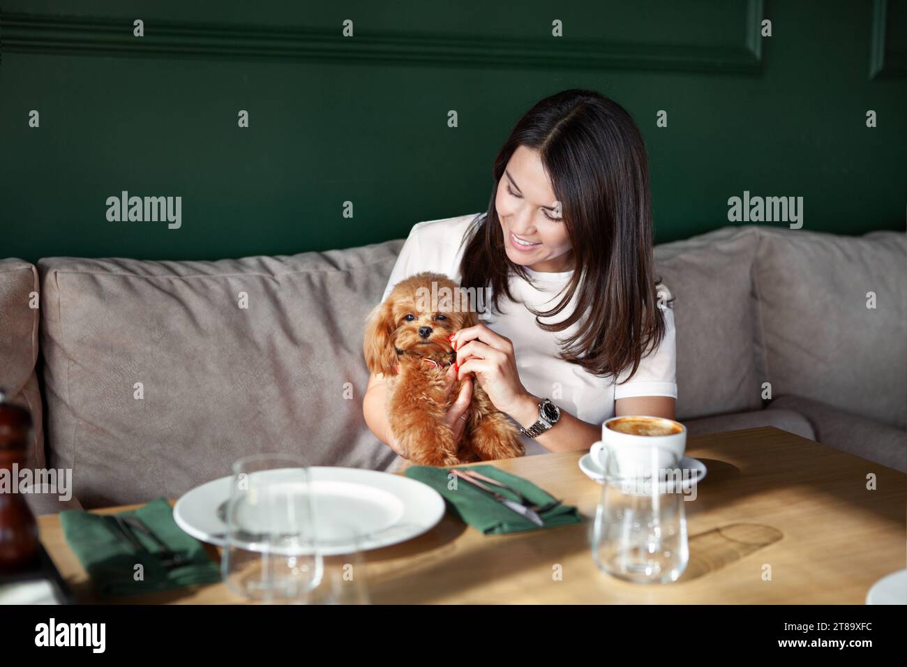 Beautiful smiling Woman holds small dog in hands sits at table in ...