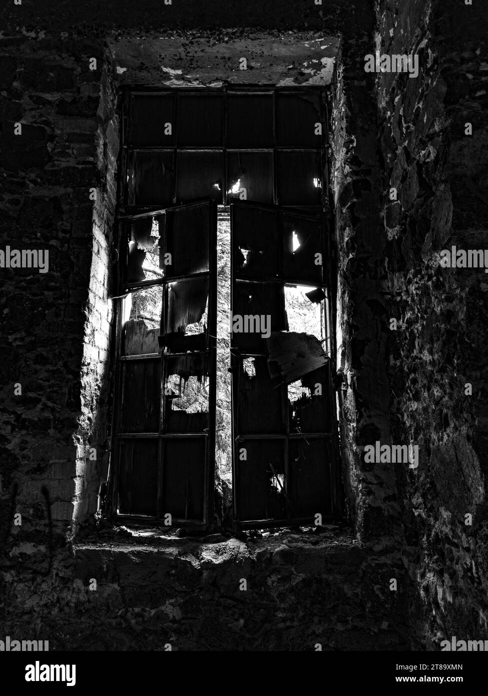 Old window with slots in abandoned hotel Berengaria, Troodos. Cyprus ...