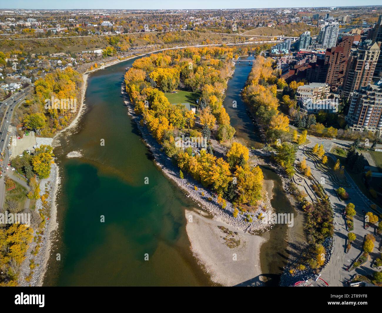 Prince's Island Park autumn foliage scenery. Aerial view of Downtown ...