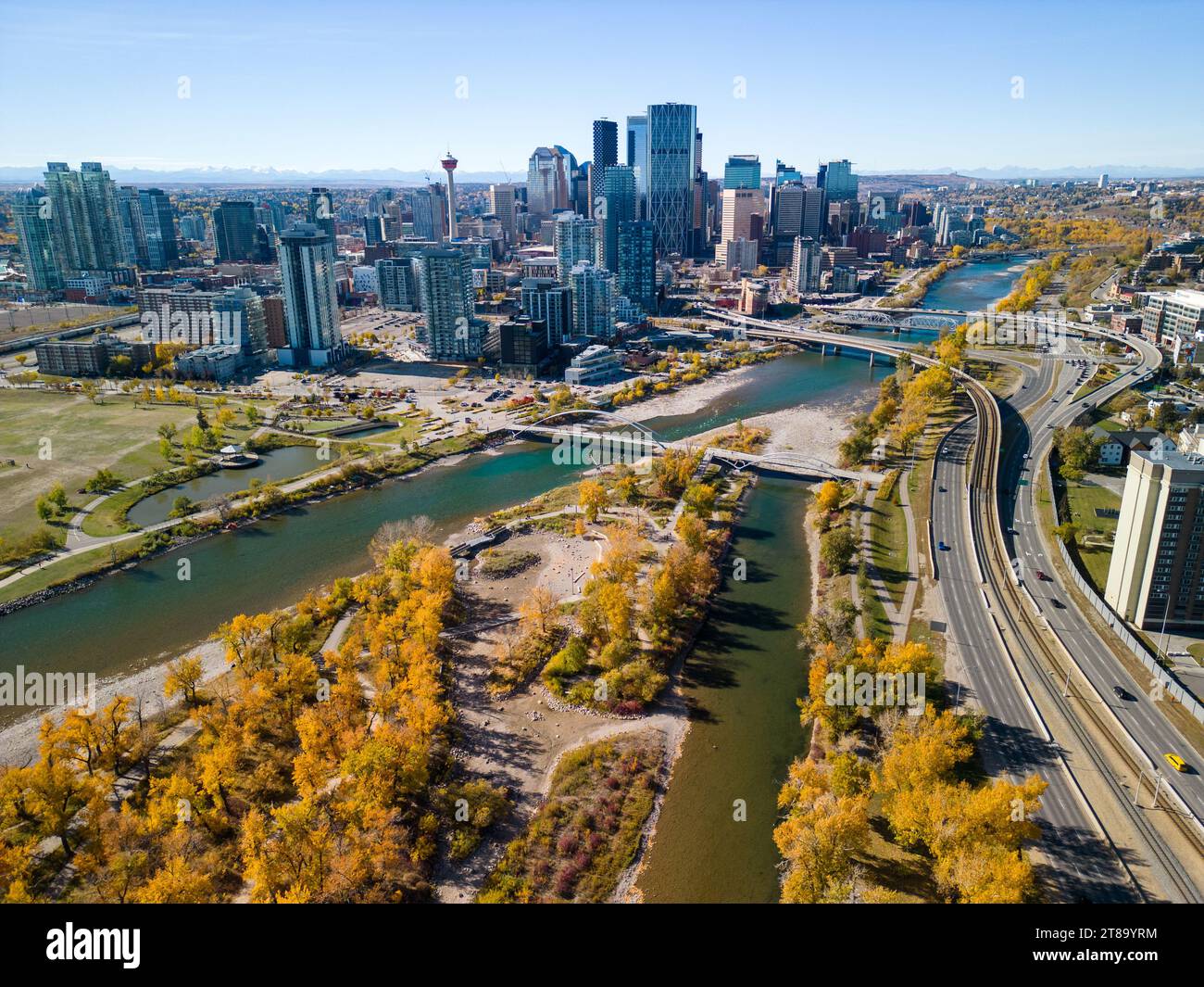 Downtown Calgary skyline and Bow River in autumn season. Aerial view of ...