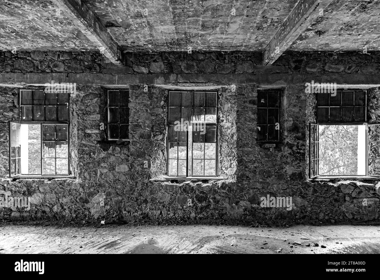 Three windows in the abandoned building of the old Berengaria Hotel ...