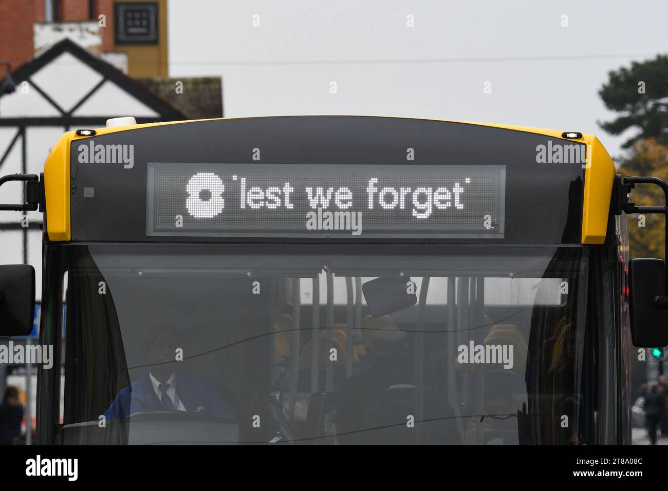 skylink bus with lest we forget displayed Stock Photo - Alamy