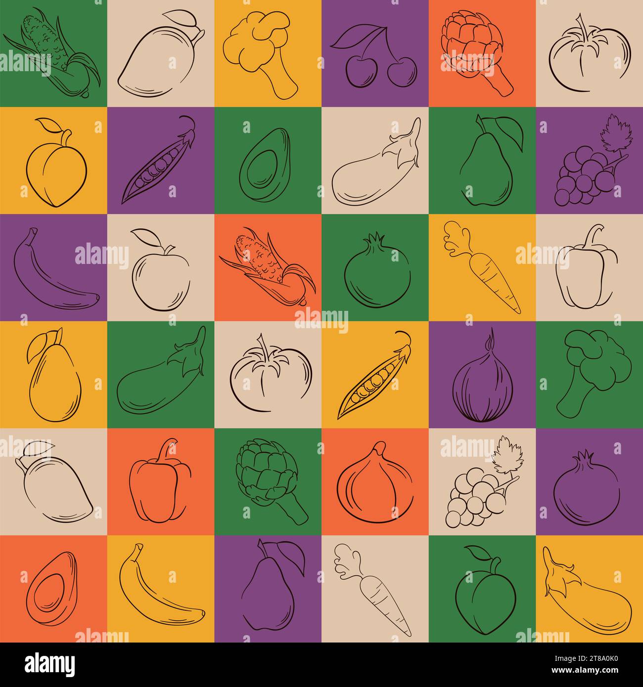 Fruit and vegetable geometric seamless pattern. Food background in line ...