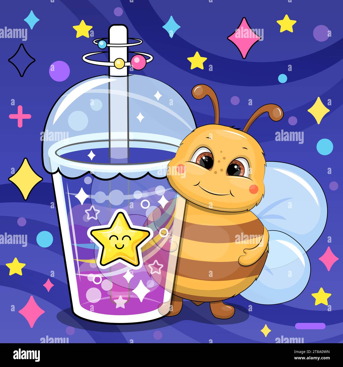 Cute cartoon bee with a big star drink. Vector illustration of an ...