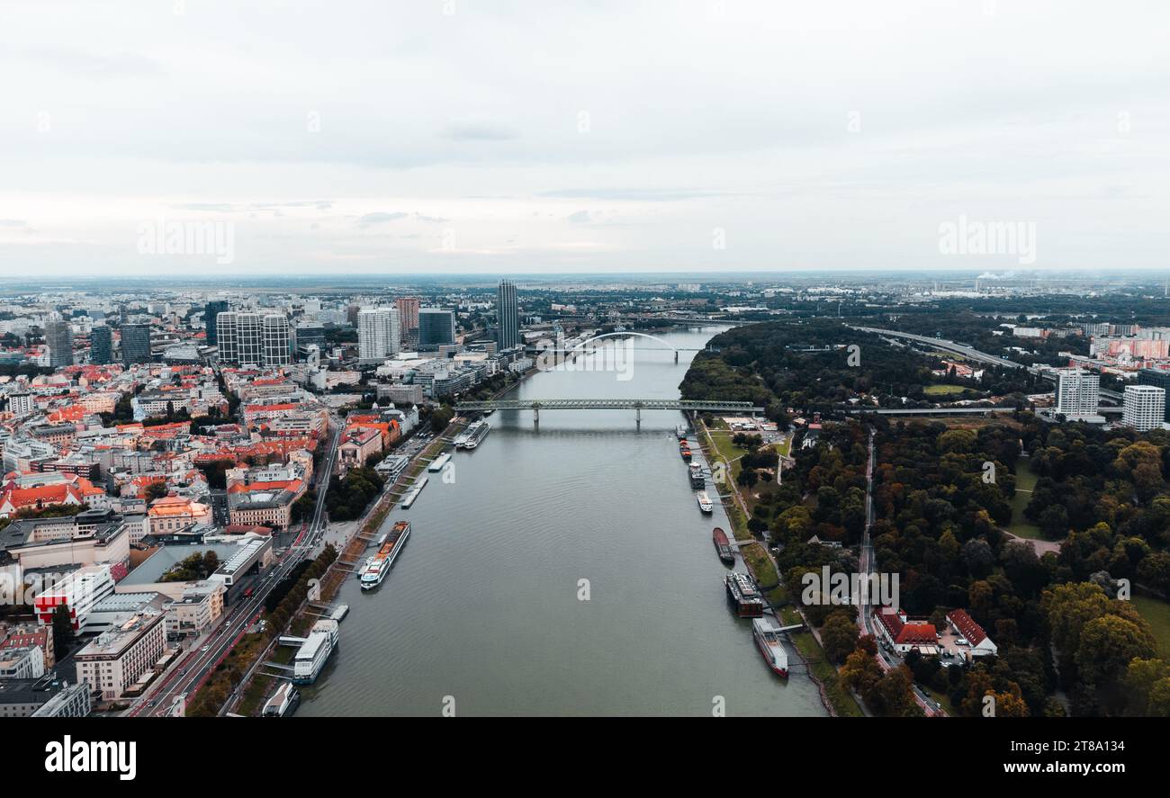 Aerial view of capital of Slovakia - Bratislava old town and Danube ...