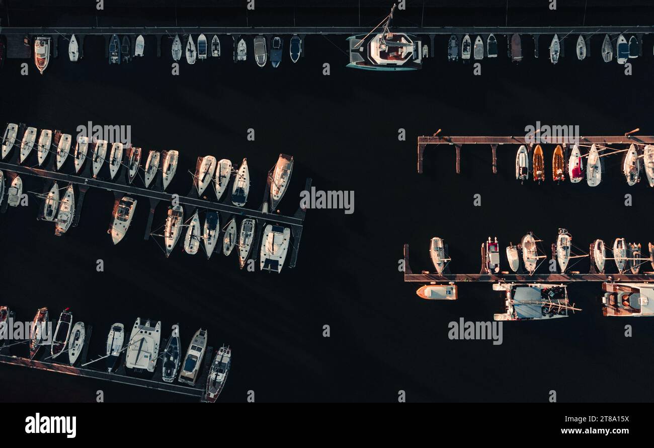 Aerial top view - drone photo of yachts and sailboats parking in marina ...