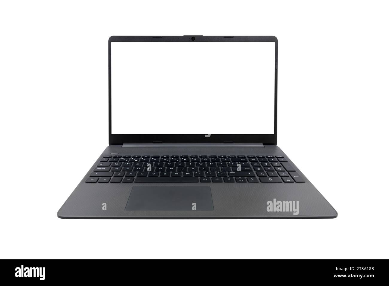 Modern slim gray laptop with blank screen (close-up) isolated on white ...